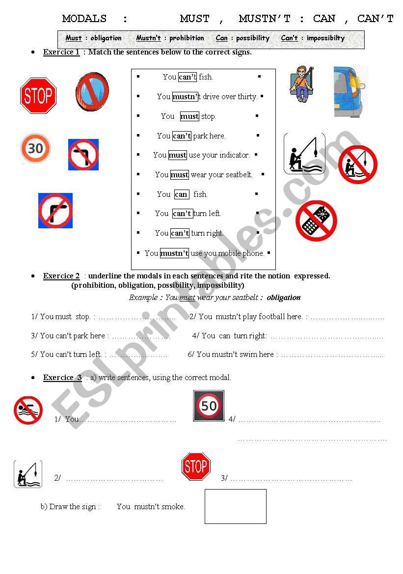 Modals can can´t must mustn´t - ESL worksheet by loic