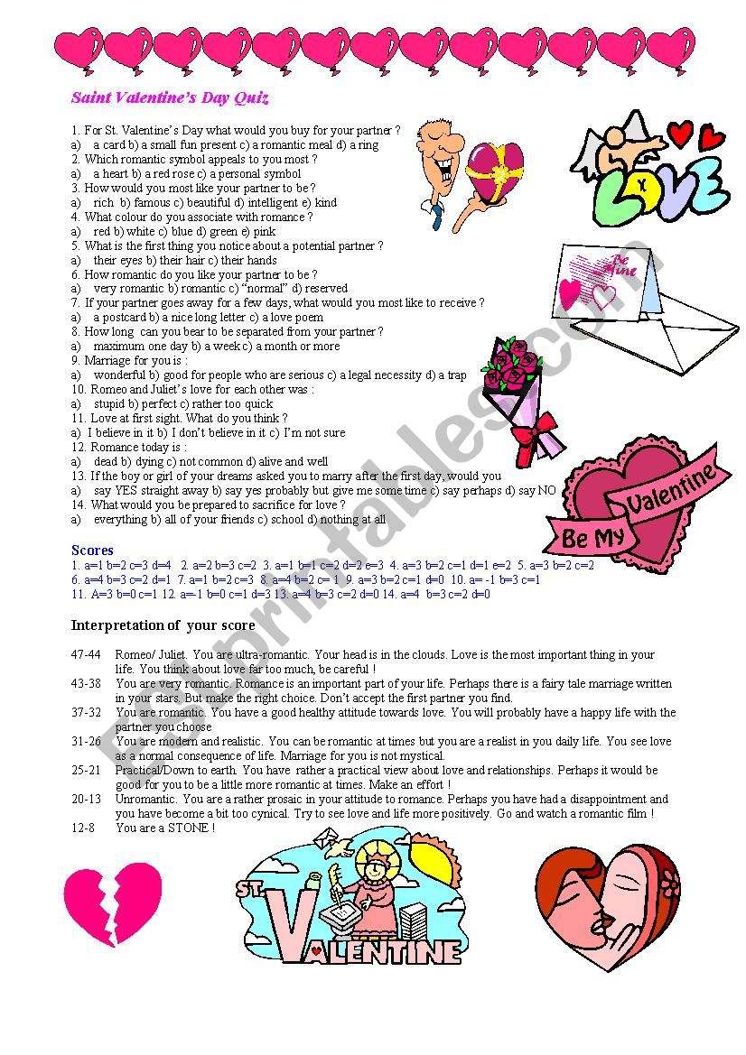 Valentine - Saint Valentine´s Day quiz - ESL worksheet by Philipd@tin.it