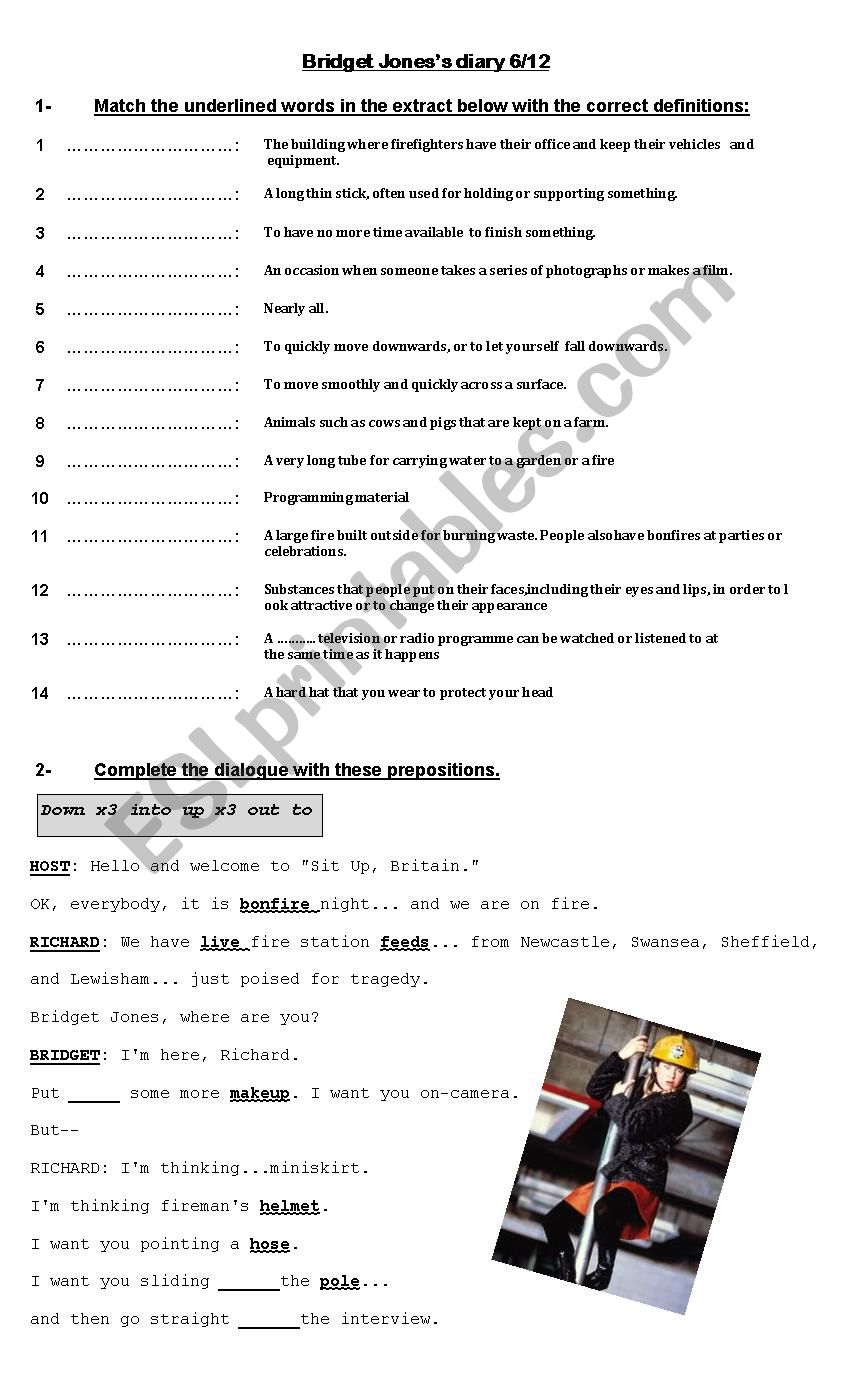Bridget Jones´s Diary - The Fireman´s pole scene - ESL worksheet by ...
