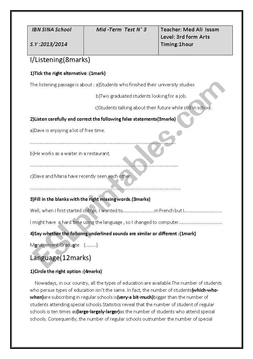 Mid -term test n° 3 arts - ESL worksheet by nafti