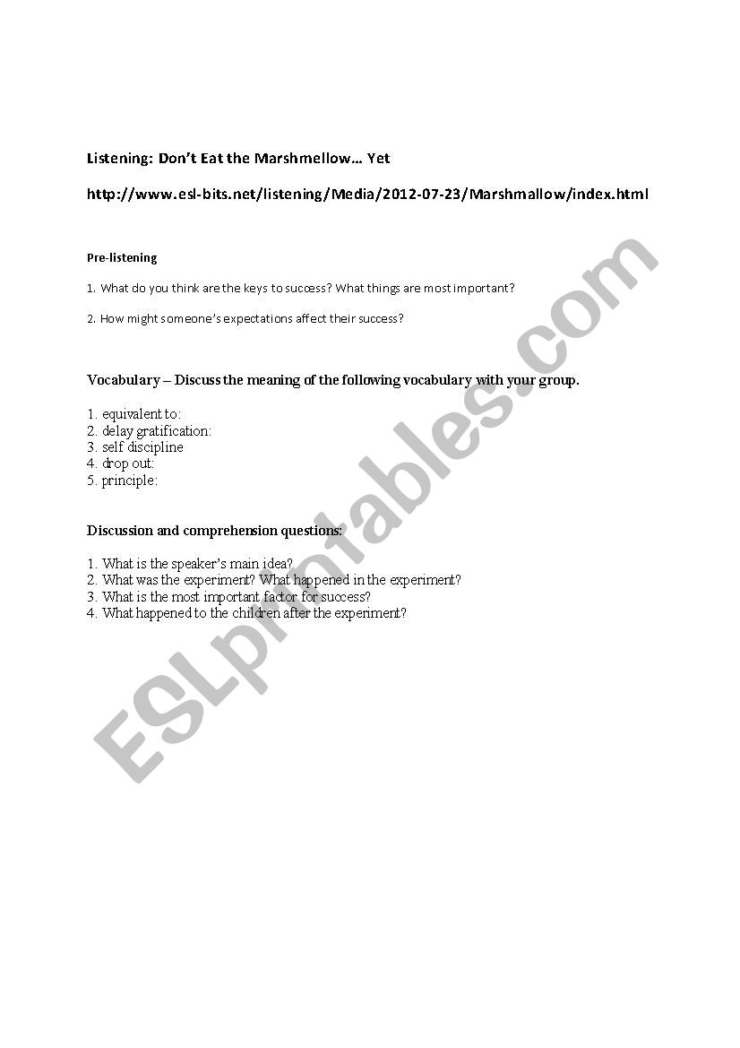 Listening - DonÂ´t Eat the Marshmellow - ESL worksheet by johnmorgan137