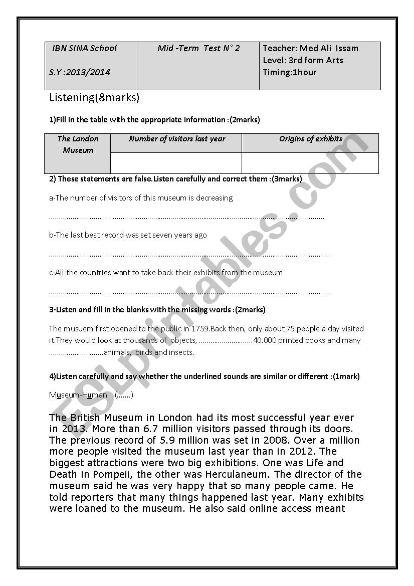 Mid -term test n°2 arts - ESL worksheet by nafti