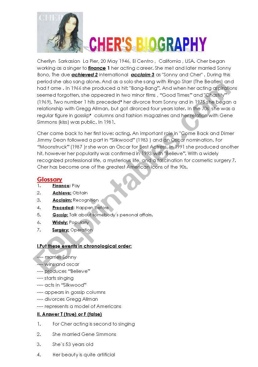 Cher´s biography - ESL worksheet by zorita