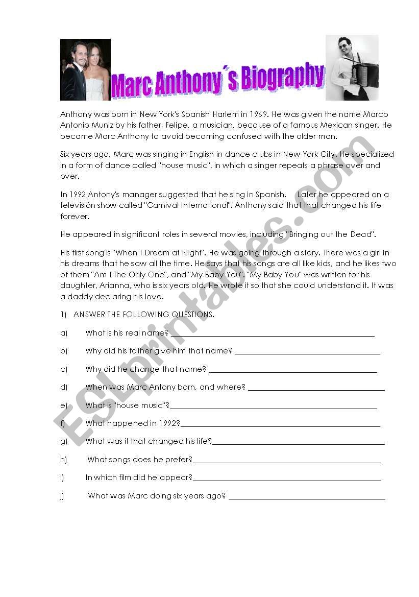 Marc Anthony´s biography - ESL worksheet by zorita