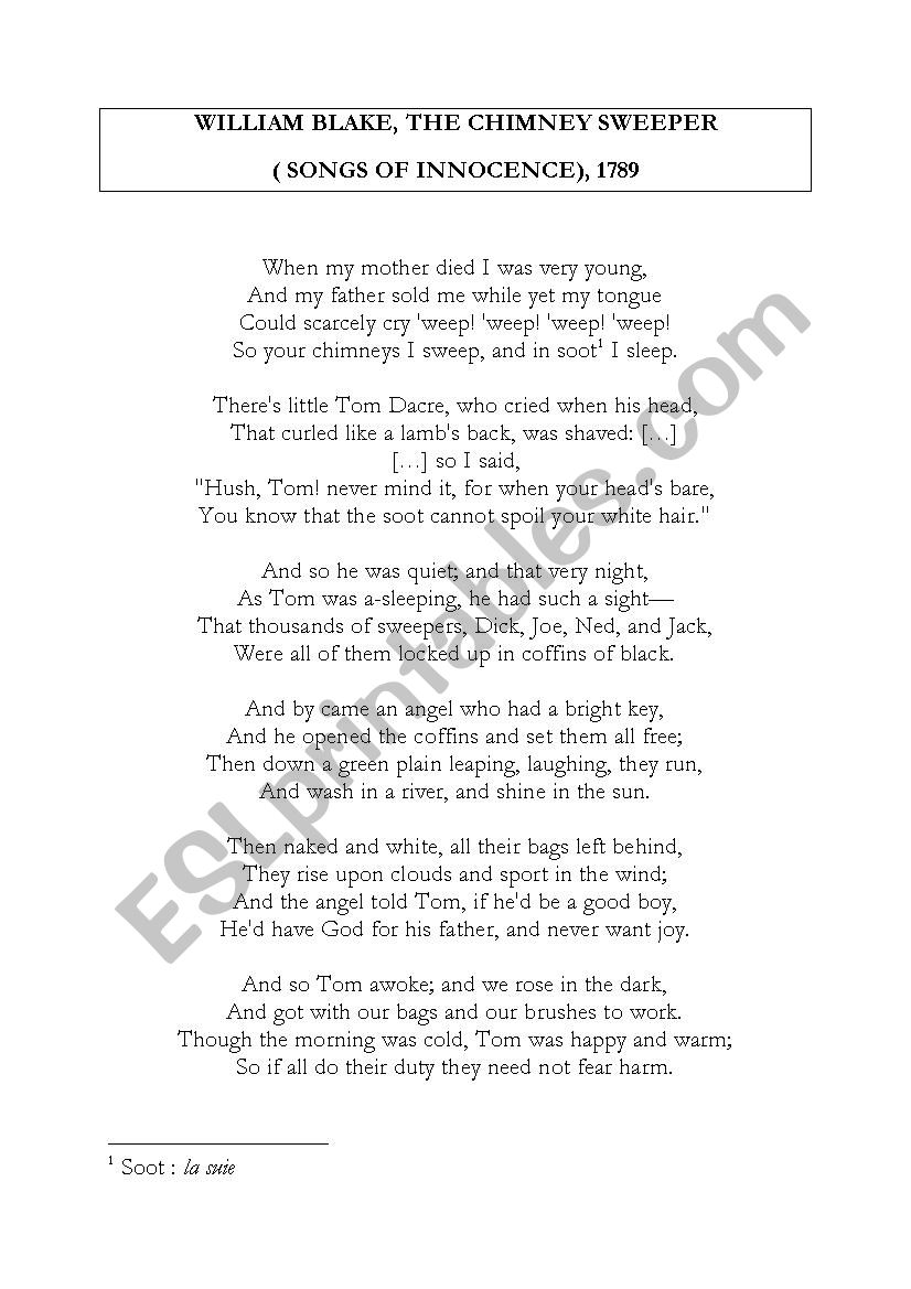 Anaysis of William Blake´s Chimney Sweeper - ESL worksheet by yayabird