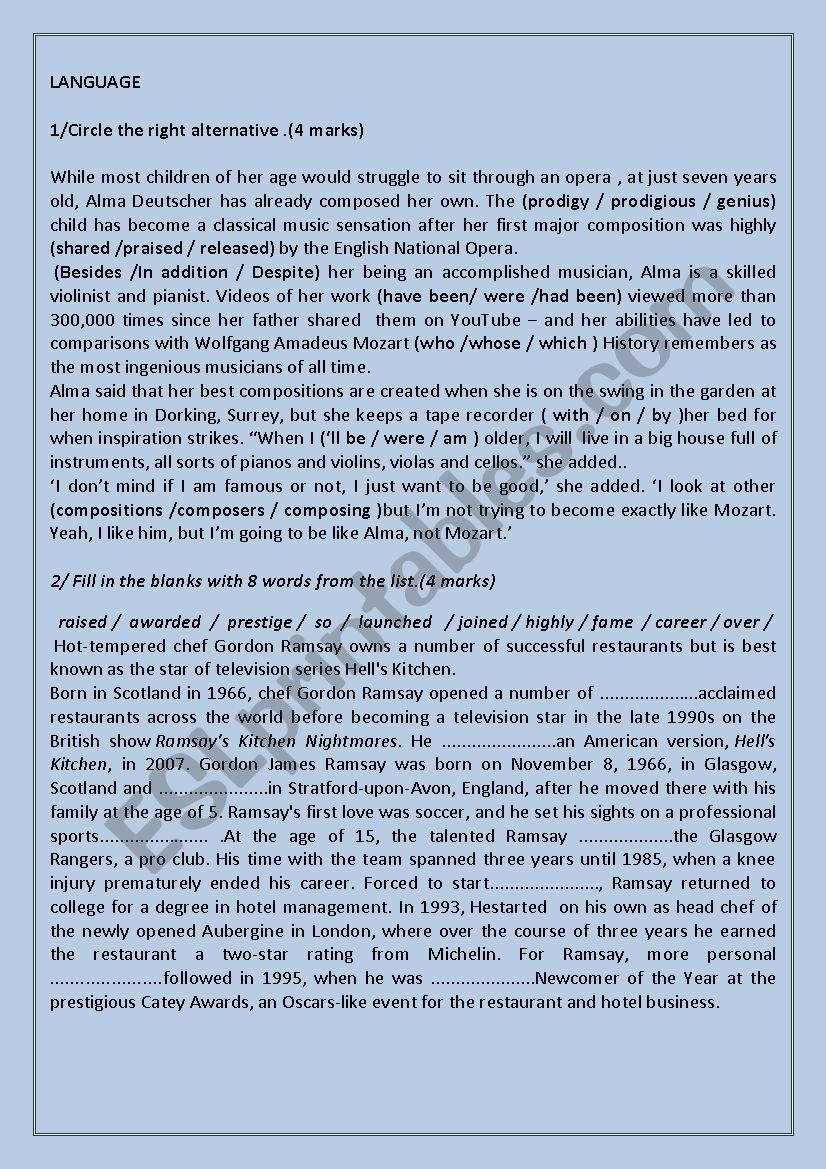 Mid -term test NÂ°1 for 1st formers - ESL worksheet by houda ben ali