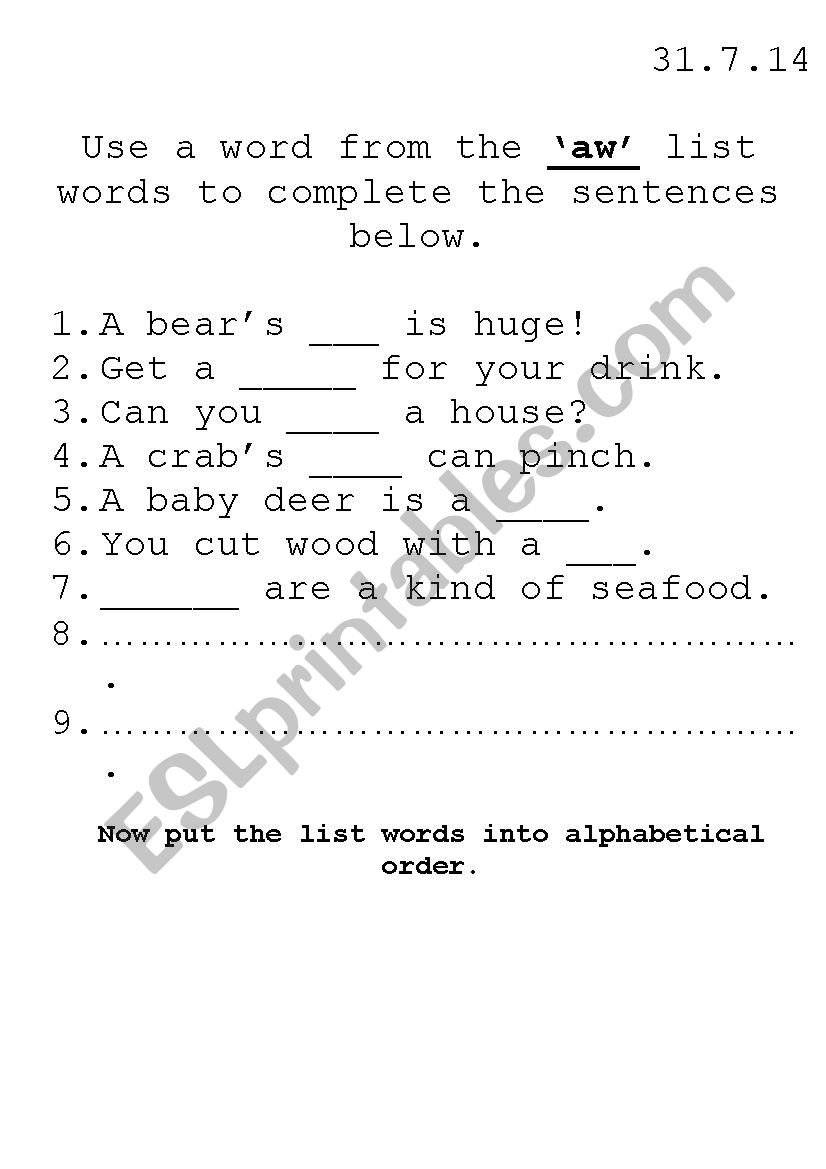 Phonics gap fill sentences worksheet with ´aw´ words - ESL worksheet by ...