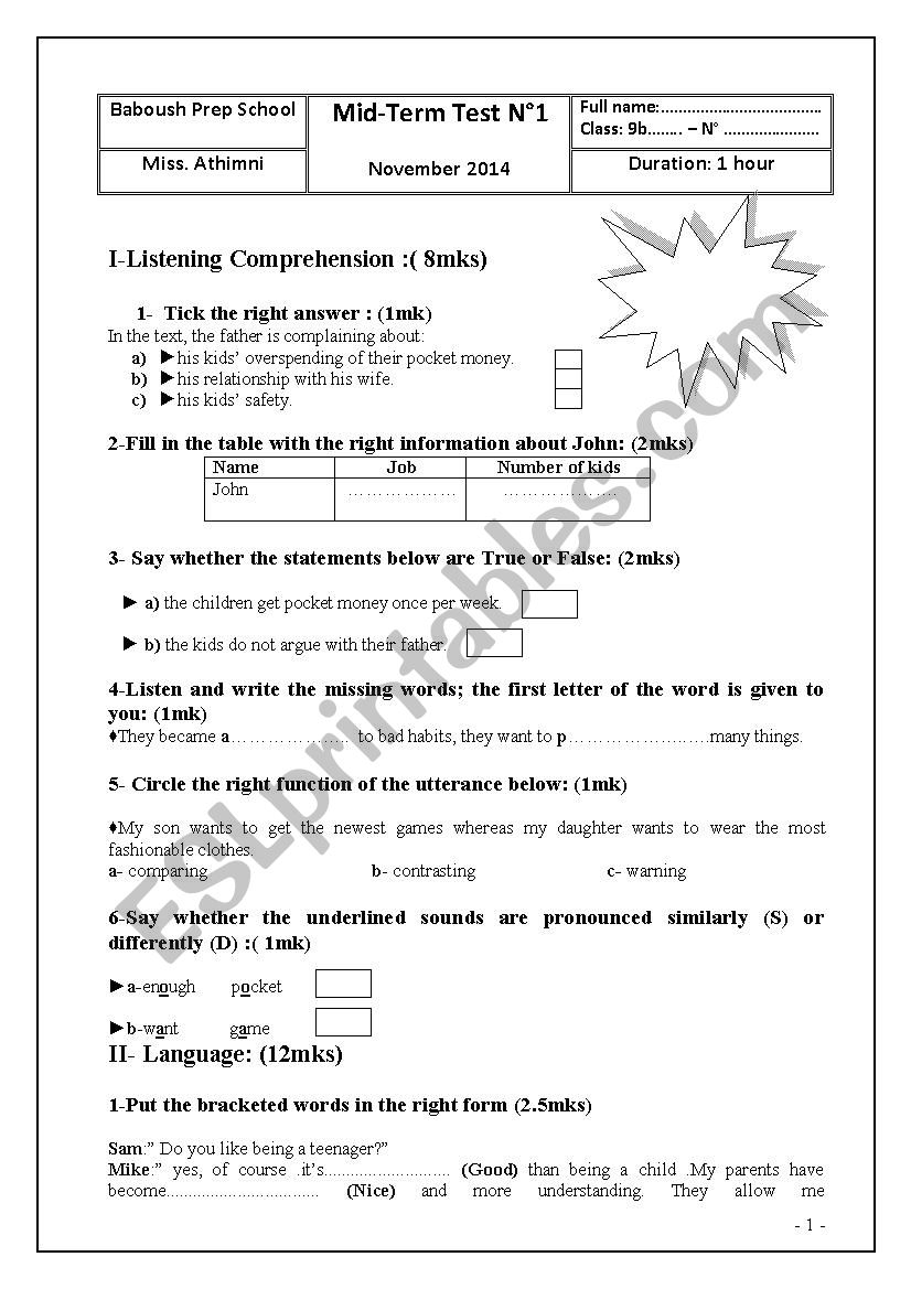 Mid-Term Test n°1 9th form - ESL worksheet by AtKa