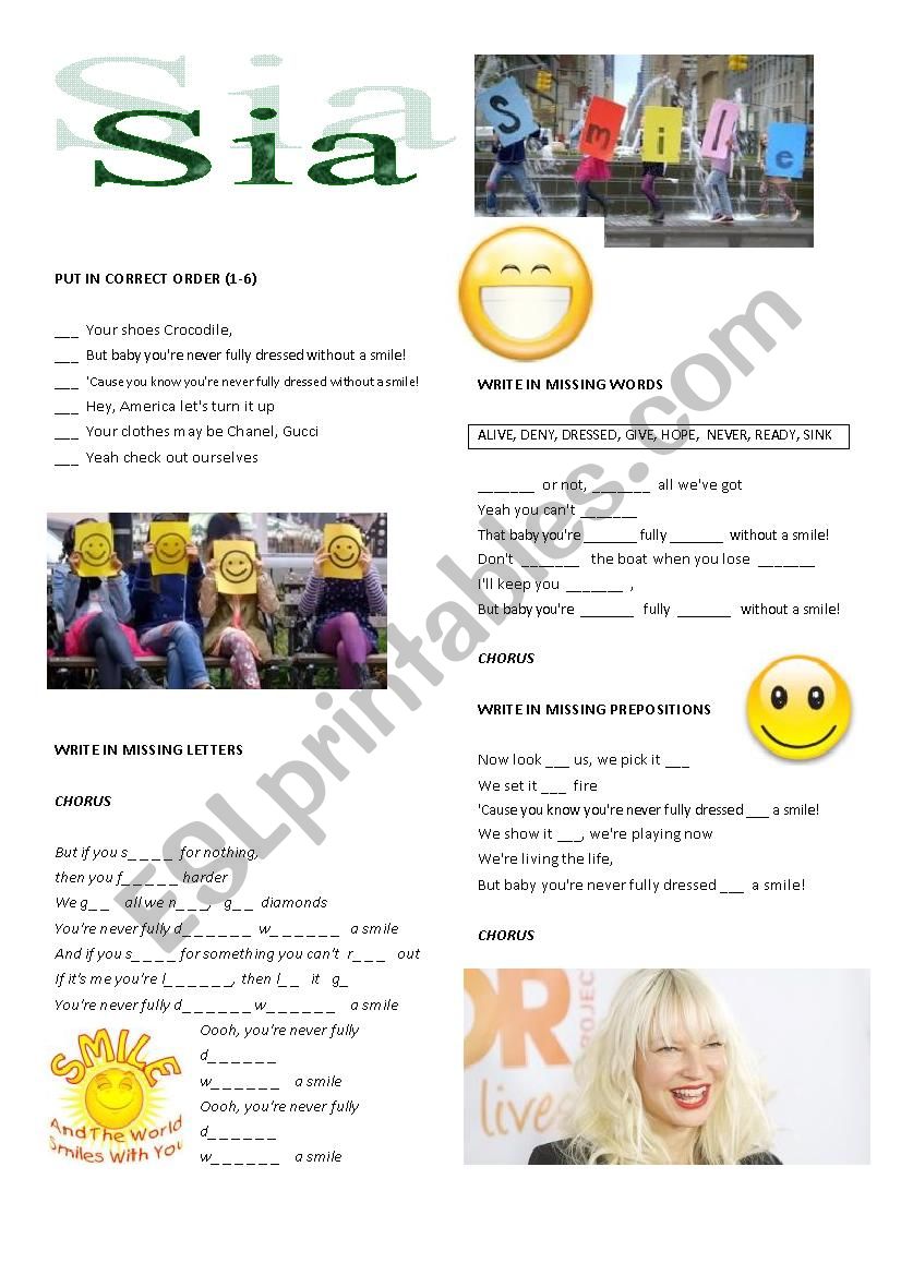 SIA ´YOU ARE NEVER FULLY DRESSED WITHOUT A SMILE´ - ESL worksheet by pawag