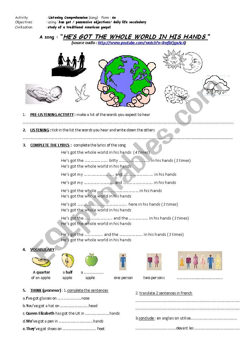 He´s got the whole world in his hands - ESL worksheet by YesYouCan