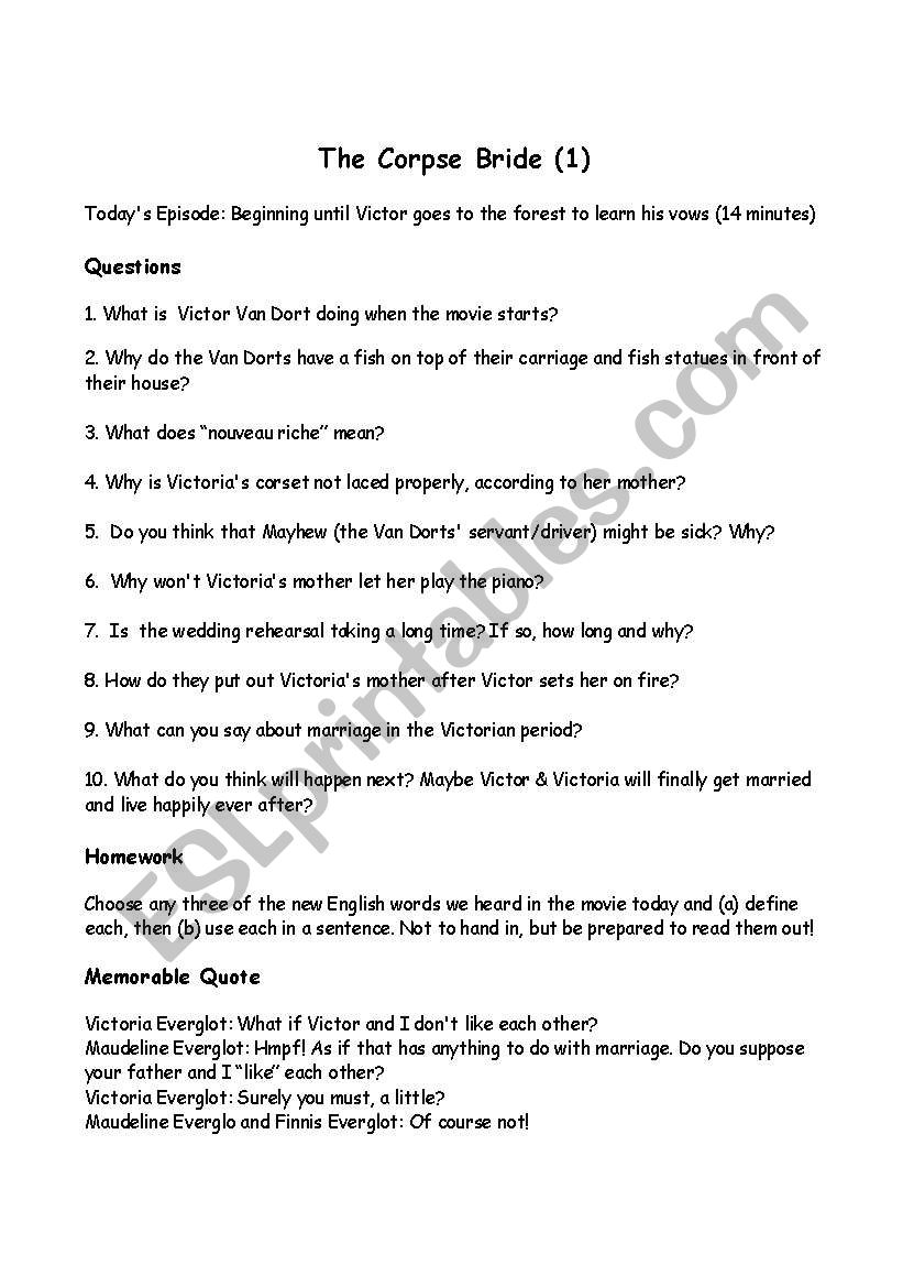 Tim Burton´s The Corpse Bride - ESL worksheet by kenseipaul