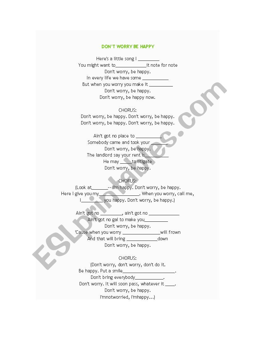 LISTENING DON´T WORRY BE HAPPY - ESL worksheet by stefifane