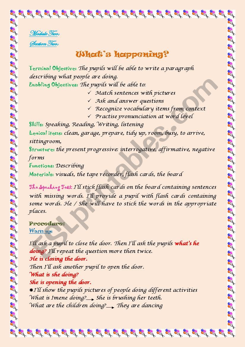 lesson plan WHAT´S HAPPENING (7th form ) - ESL worksheet by aicha77