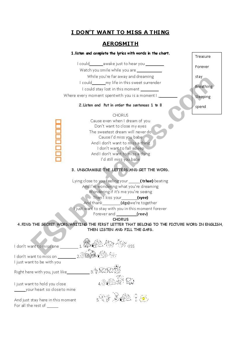 AEROSMITH- I DON´T WANT TO MISS A THING - ESL worksheet by mayuquito77 AEROSMITH- I DON´T WANT TO MISS A THING - ESL worksheet by mayuquito77