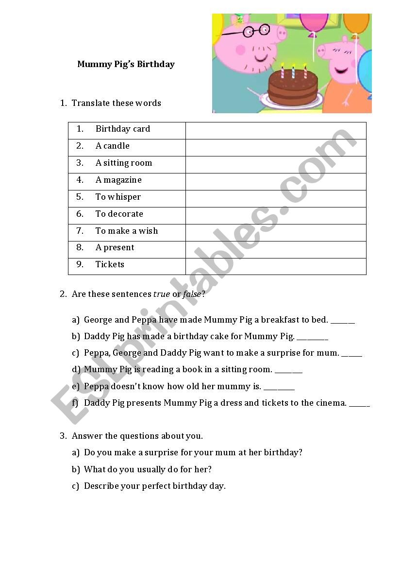 Peppa Pig "Mummy Pig´s Birthday" - ESL worksheet by Mllenglish
