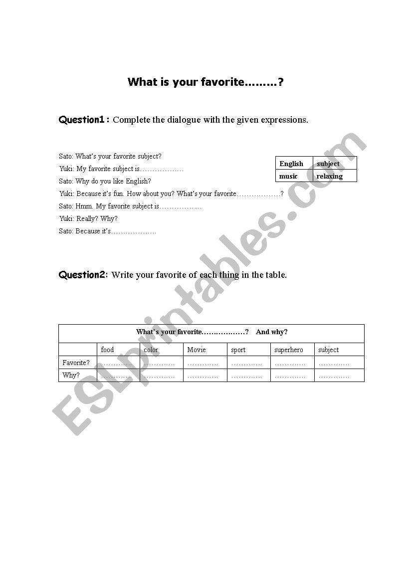 Exercise: What´s your favorite......? - ESL worksheet by krimououartilene