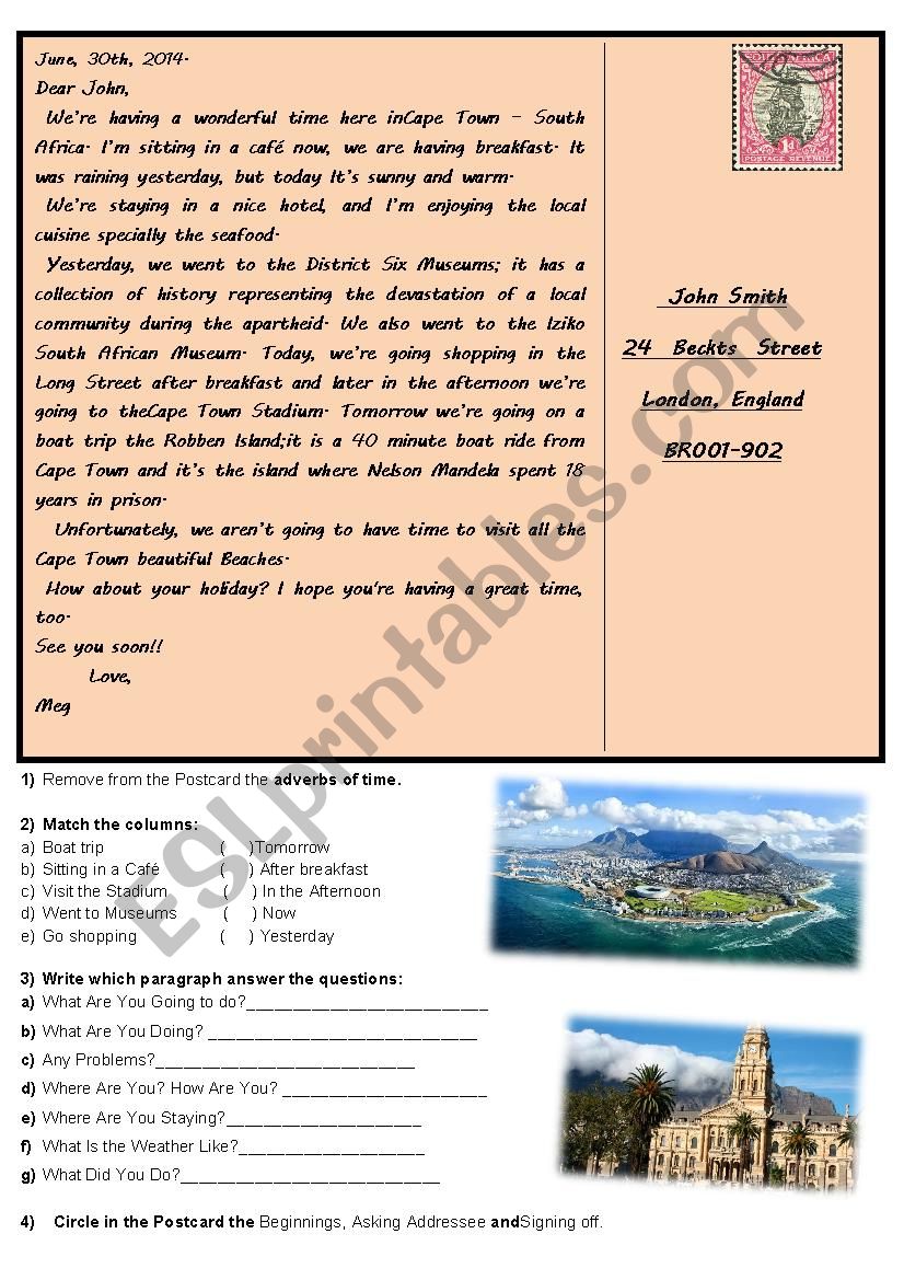 Visiting Cape Town – South Africa - Postcard - ESL worksheet by dany ...