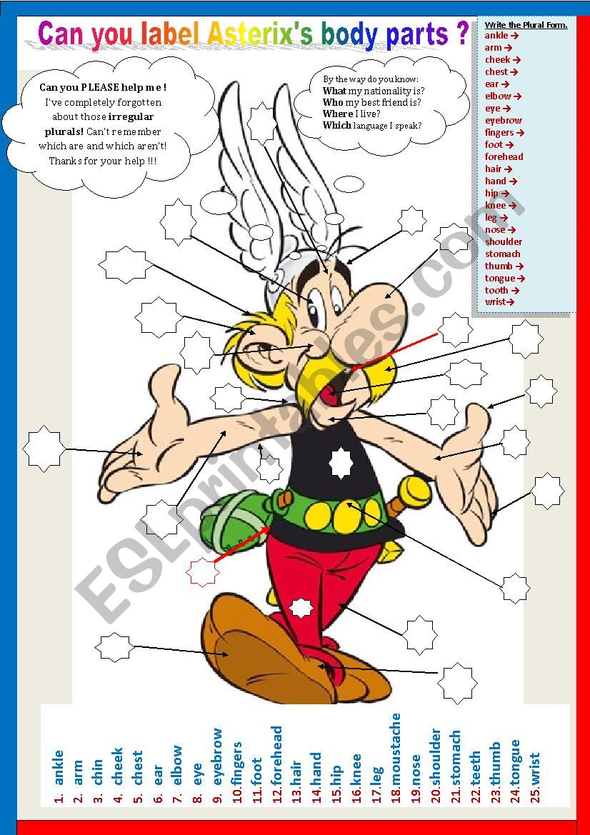 Asterix´s body parts. (Plural) - ESL worksheet by karagozian