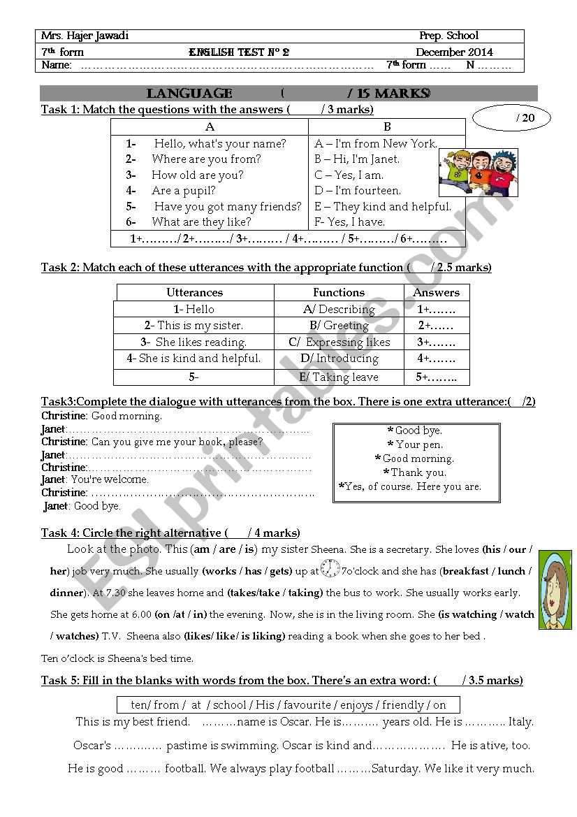 Test N°2 for 7th Form - ESL worksheet by Tatouha