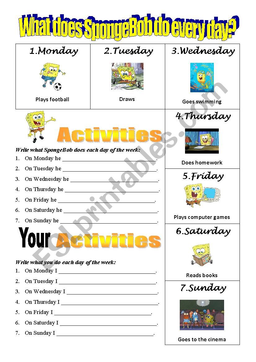 SpongeBob´s daily activities - days of the week - ESL worksheet by noola