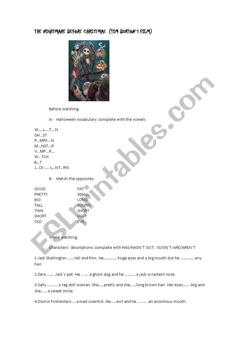 The Nightmare before Christmas (Tim Burton´s film) - ESL worksheet by ...