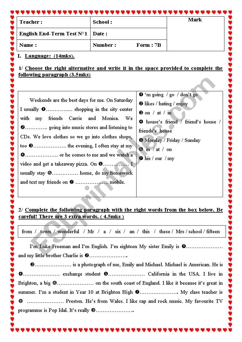 7th form End-Term Test1 - ESL worksheet by whitejasmin 7th form End-Term Test1 - ESL worksheet by whitejasmin