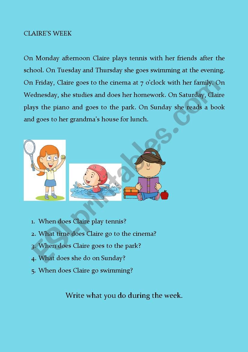 Claire´s week - ESL worksheet by silviaprove