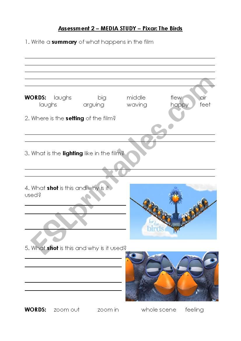 Assessment 2 – MEDIA STUDY – Pixar: The Birds - ESL worksheet by ...