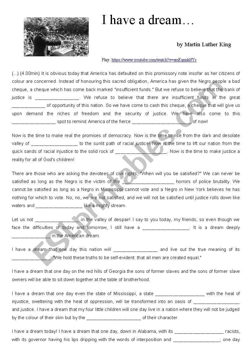 Martin Luther King´s Speech - ESL worksheet by filbarbosa