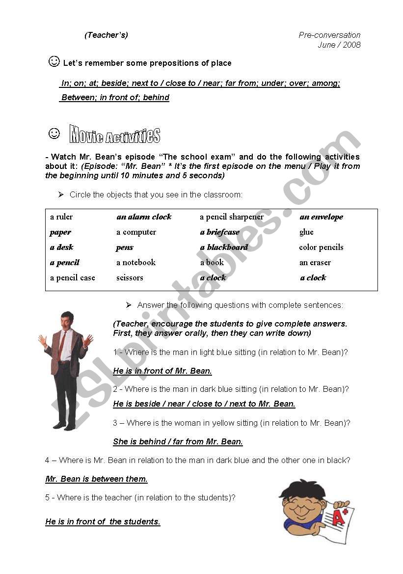Mr. Bean - The school exam (Teacher´s) - ESL worksheet by daniellemotta