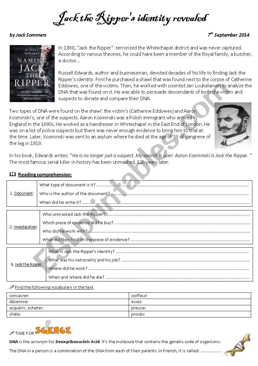 Reading comprehension Jack the Ripper´s identity revealed - ESL ...
