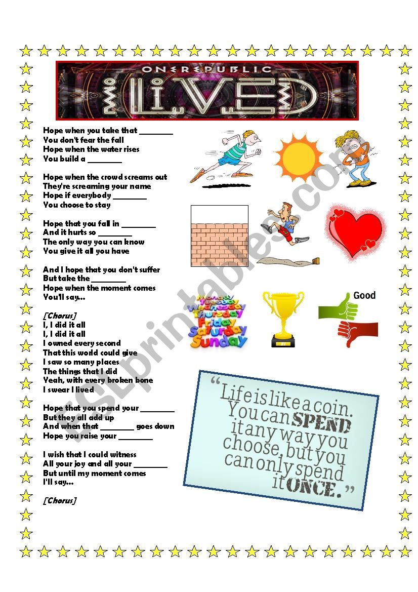 Song: Â´I LivedÂ´ by One Republic - ESL worksheet by roxmar