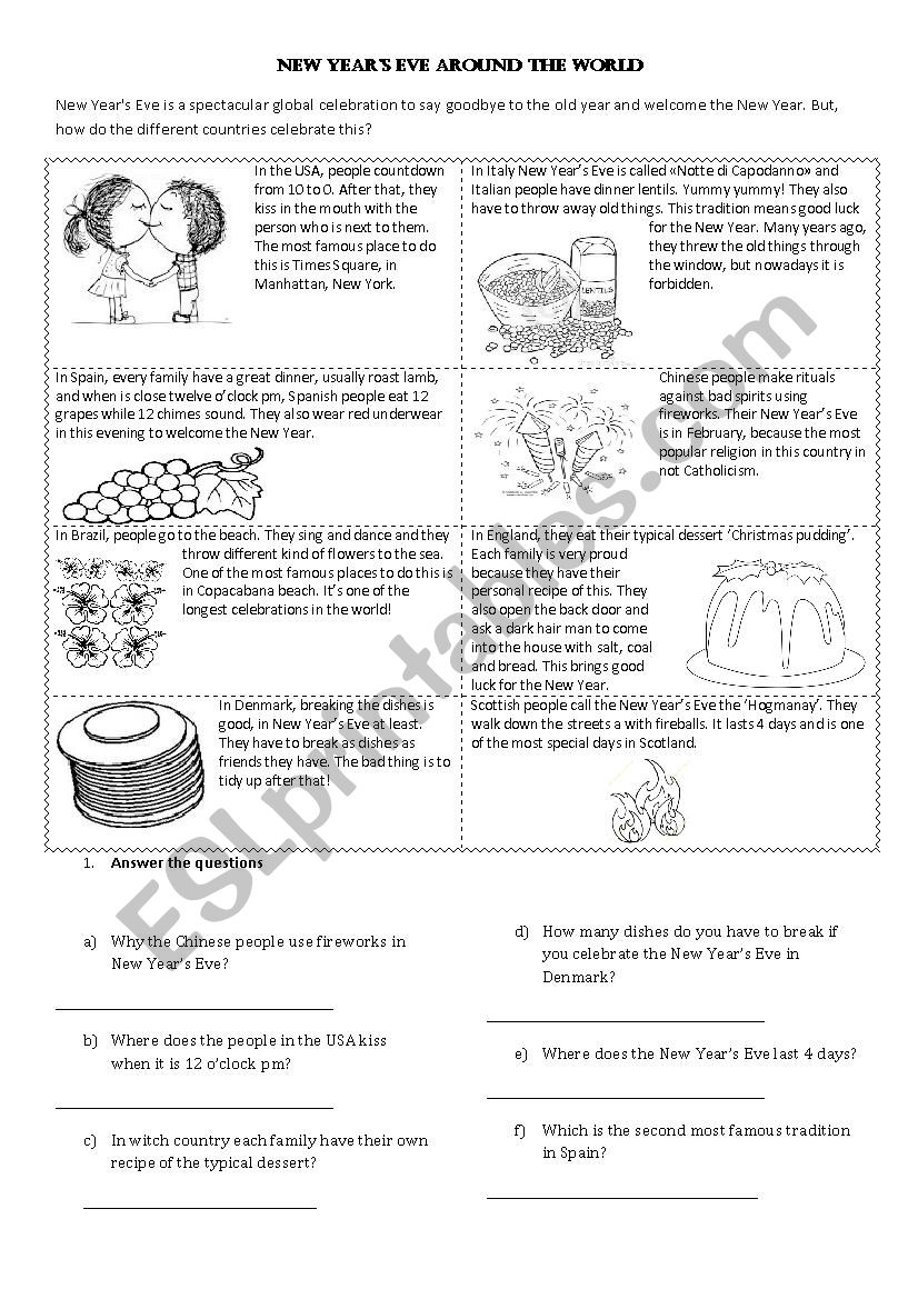 New YearÂ´s Eve around the world. Reading and writing - ESL worksheet ...