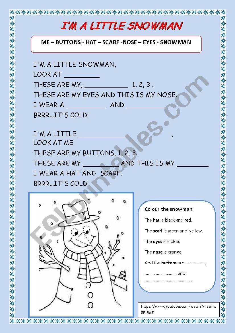 IÂ´M A LITTLE SNOWMAN - ESL worksheet by mrivera8