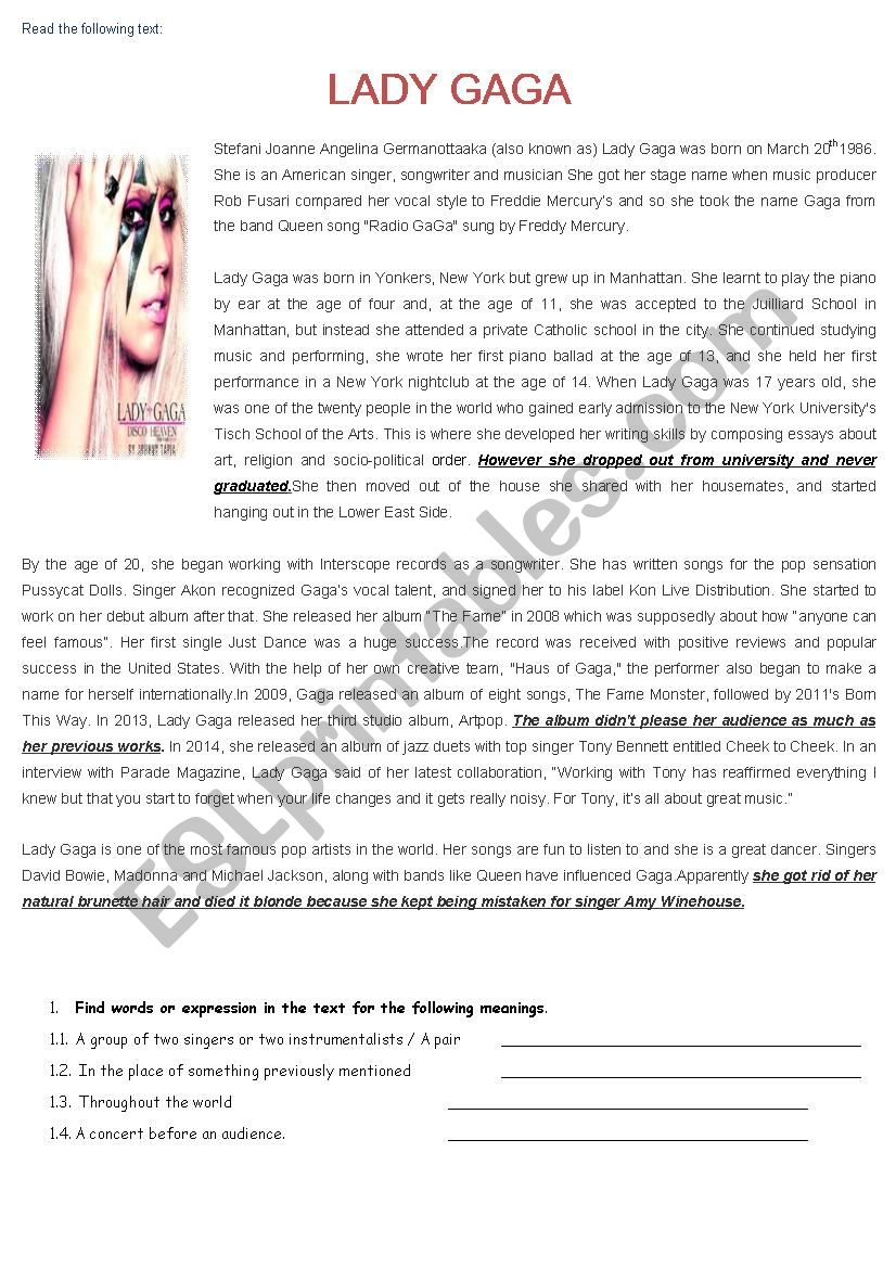 Lady Gaga´s biography - reading and comprehension - ESL worksheet by ...