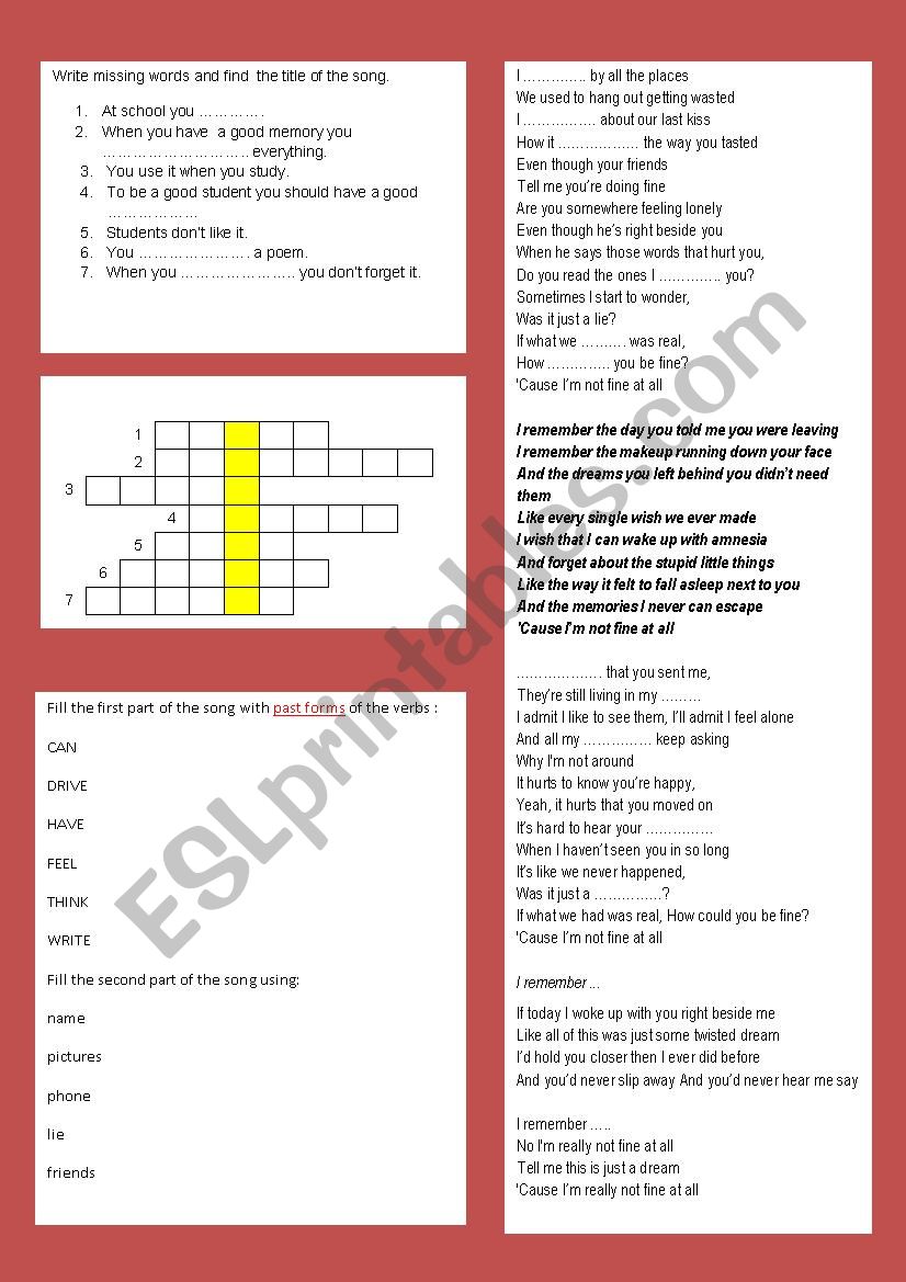song ´Amnesia´ by 5 seconds of summer - ESL worksheet by bogdand
