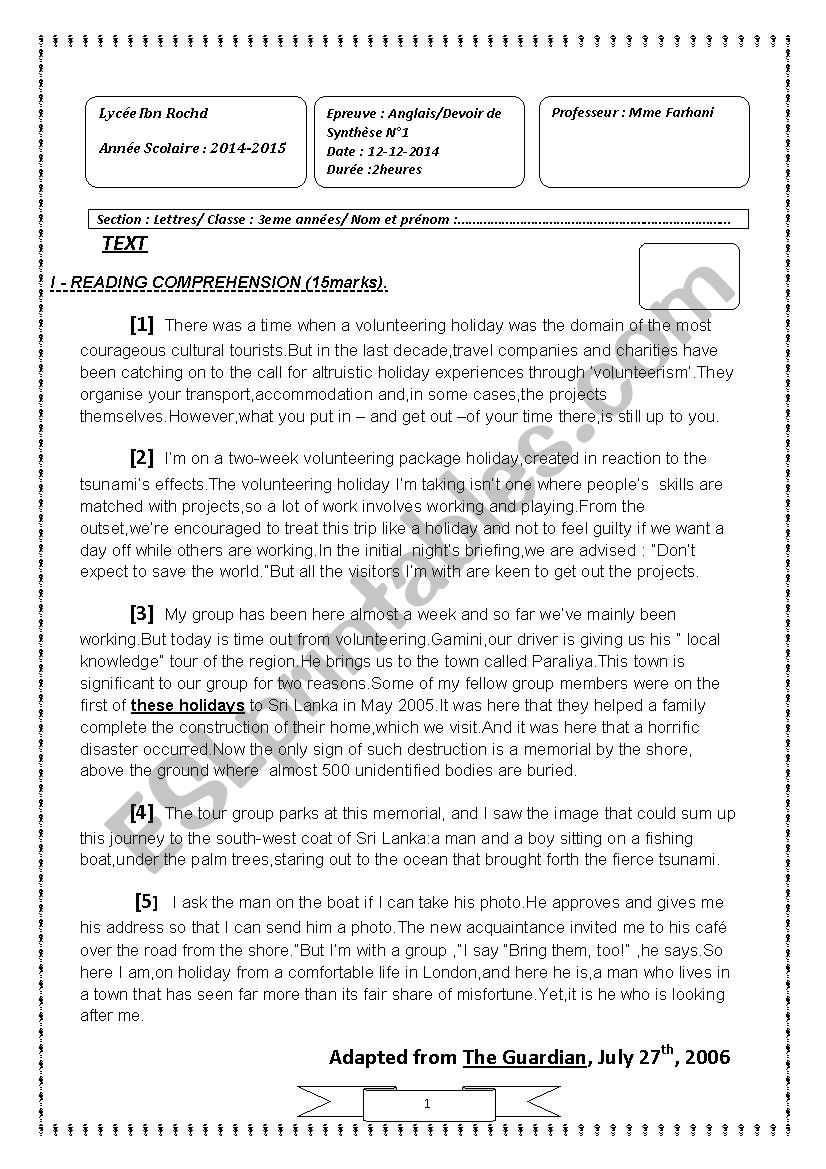 Mid term test n°1 for 3rd formers Arts - ESL worksheet by chahinouza