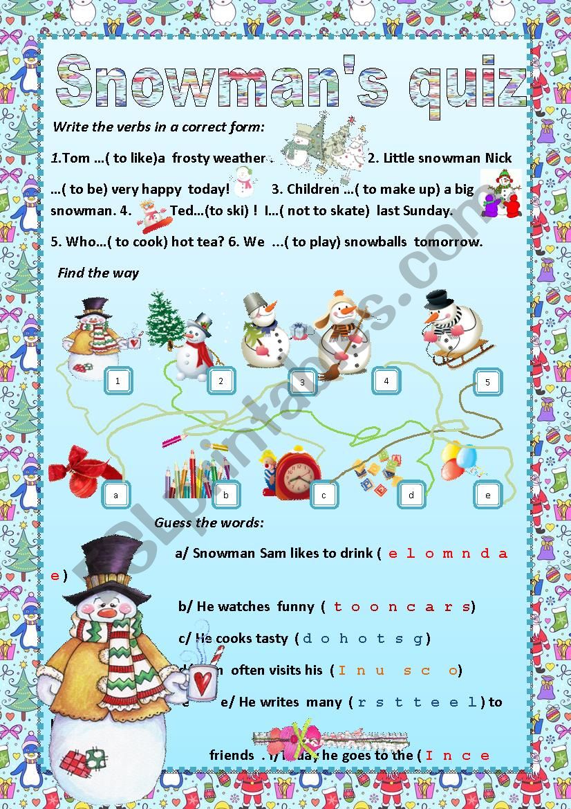 Snowman´s quiz - ESL worksheet by myemma