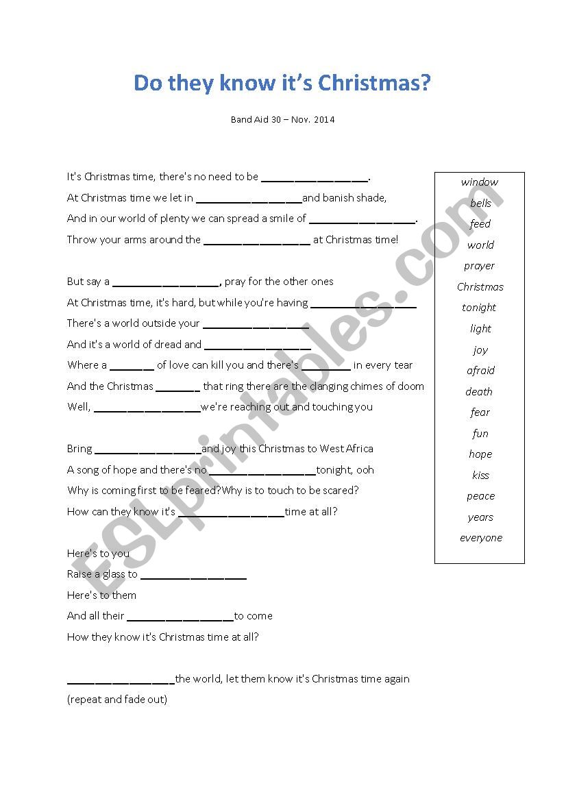 Do they know it´s Christmas - Band Aid 30 - ESL worksheet by Rea_B