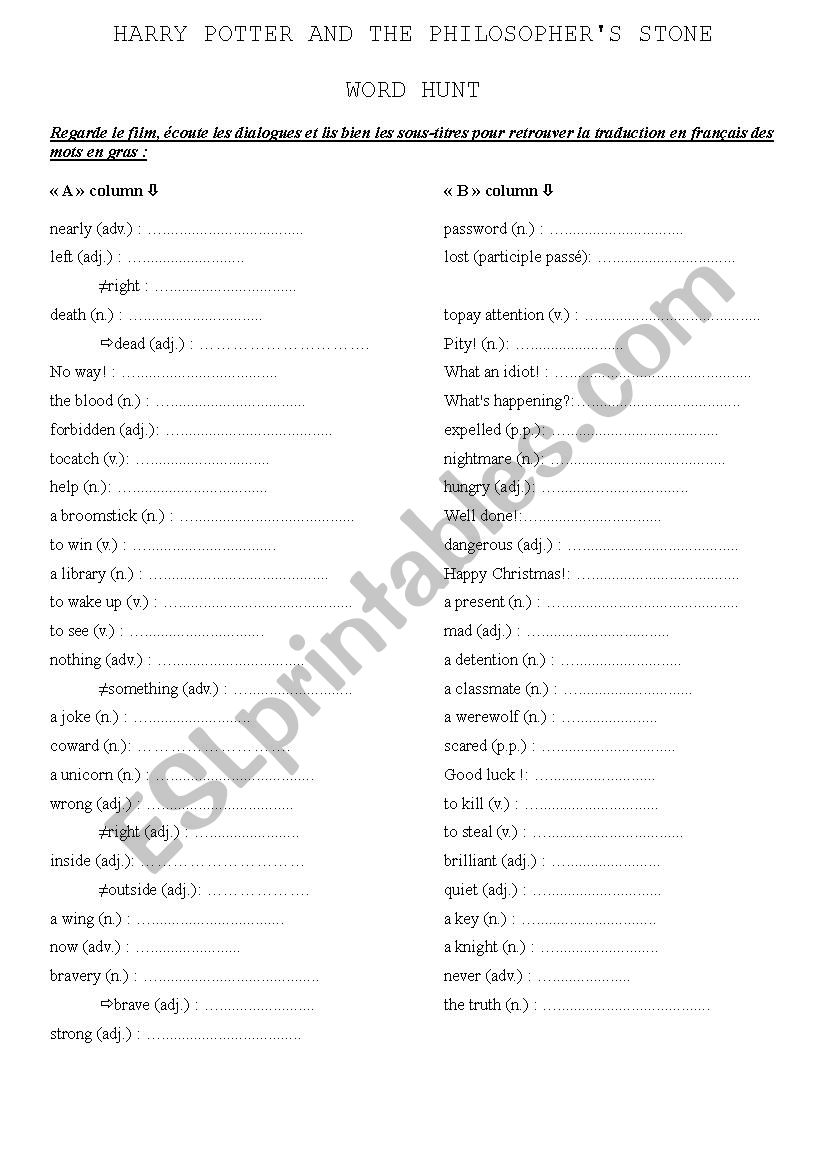 Harry Potter and the Philosopher´s Stone word hunt and quiz - ESL ...