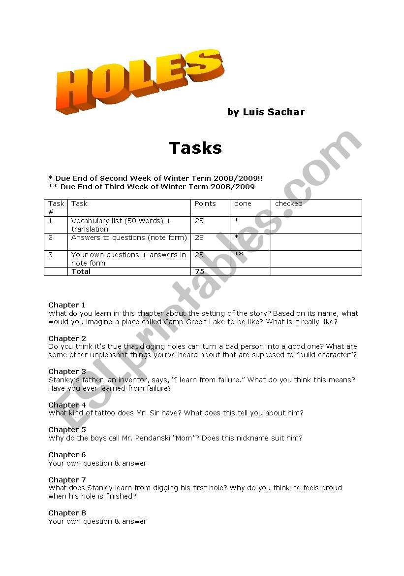 Reading guide to Sachar´s Holes - ESL worksheet by susannista