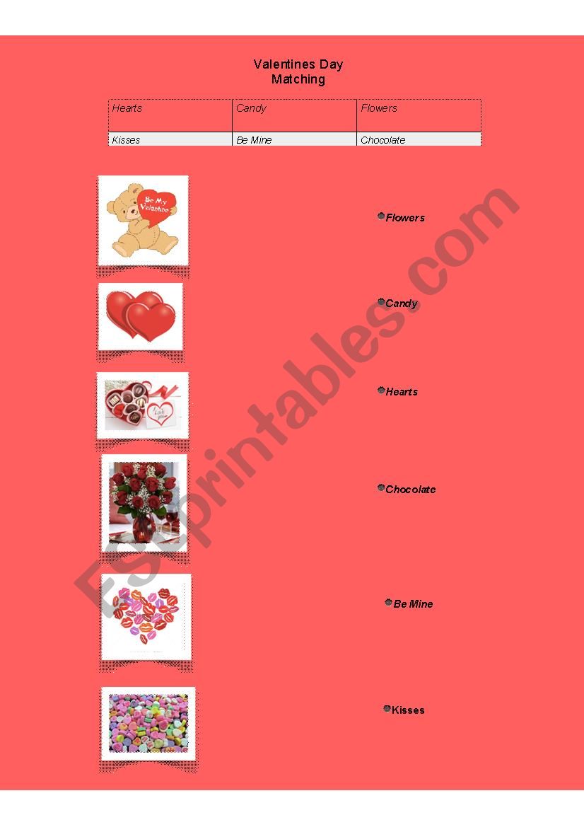 ValentineÂ´s Day Matching - ESL worksheet by fitandwelldaily