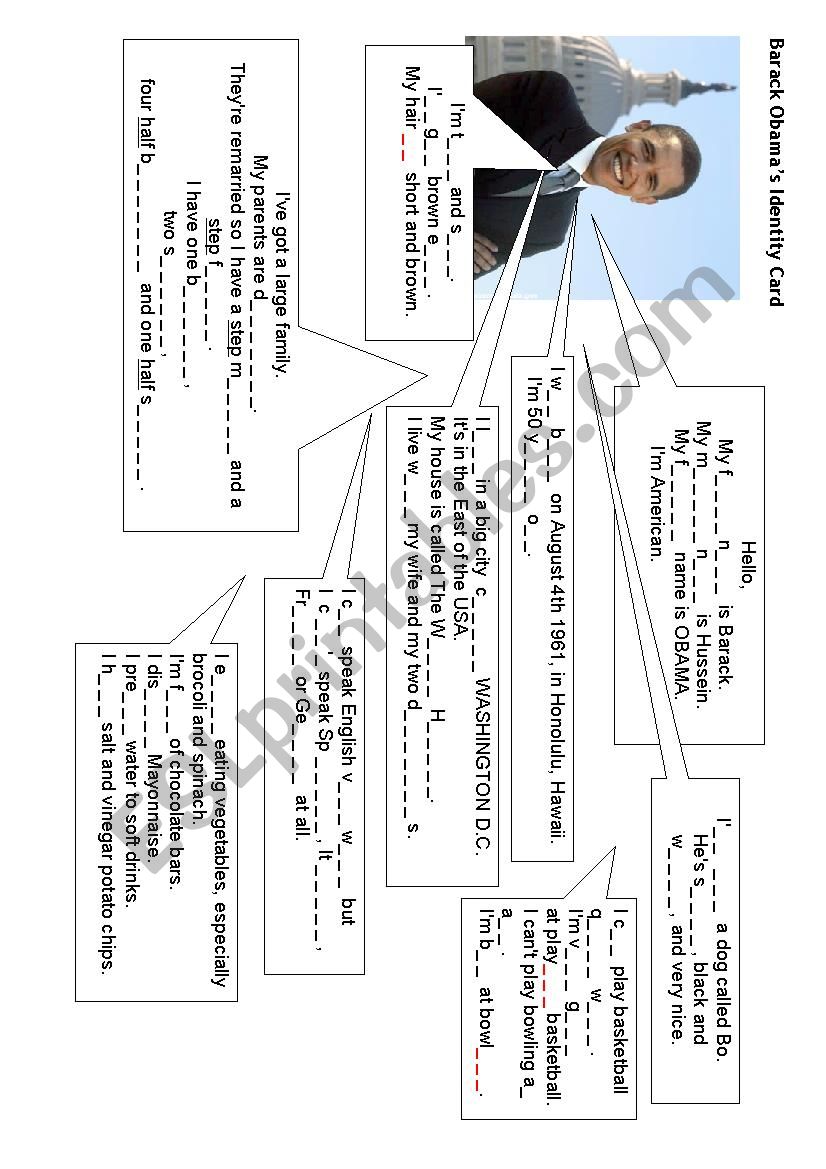 Barack Obama´s identity card - ESL worksheet by florenceconrard