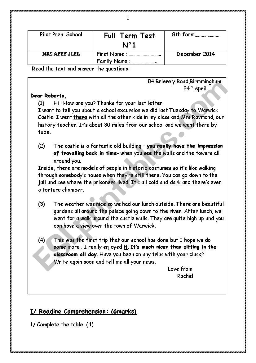 full-term test N°1 - ESL worksheet by pink flower