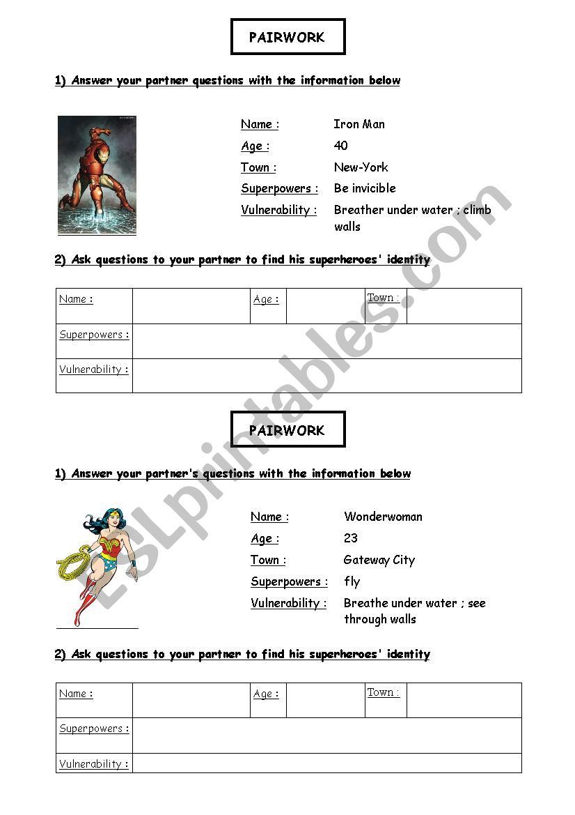 Superheroes´ Identity Pairwork / Role Play 1 and abilities (can / can´t ...