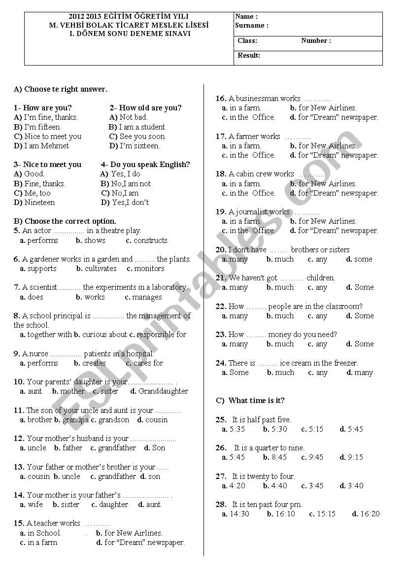 Placement test for Anatolýan High Schools - ESL worksheet by mhtcimen