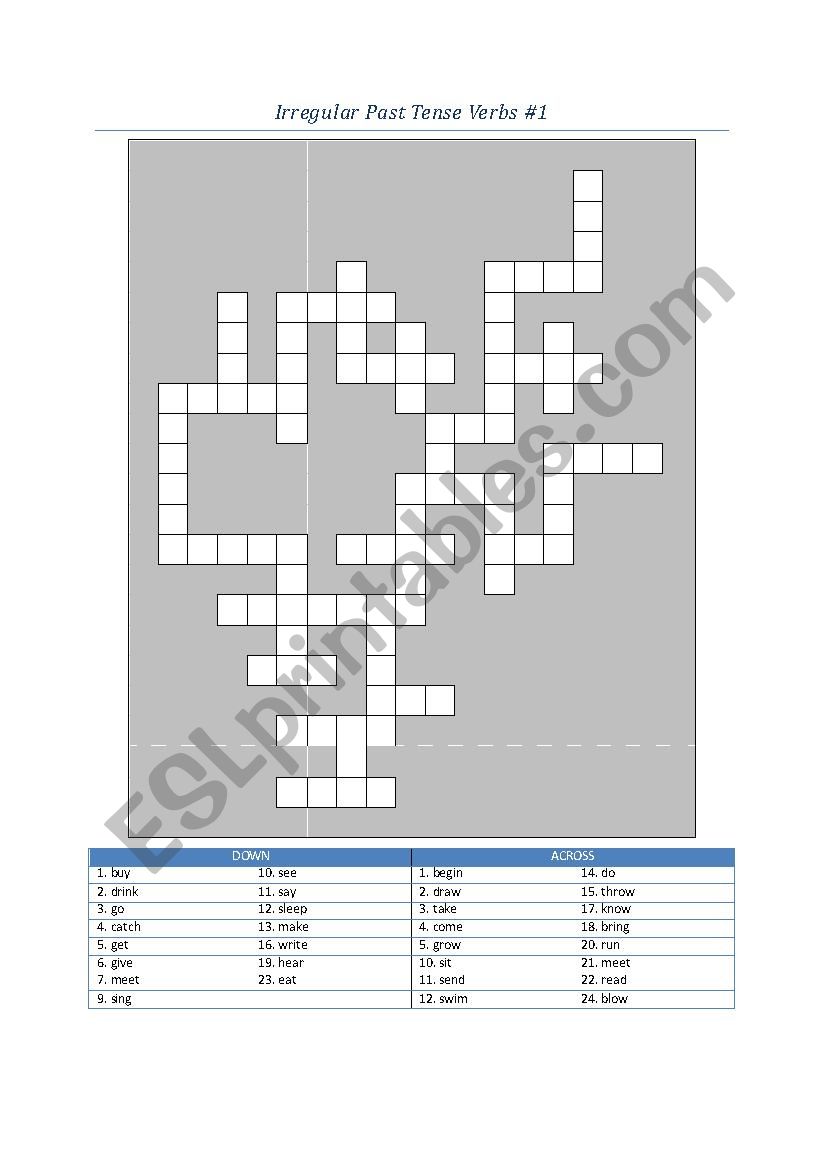 Irregular Past Tense Verbs Crossword - ESL worksheet by Maribethw