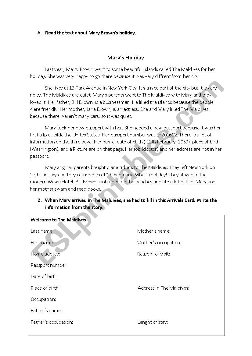 Mary´s holiday - ESL worksheet by my loveee