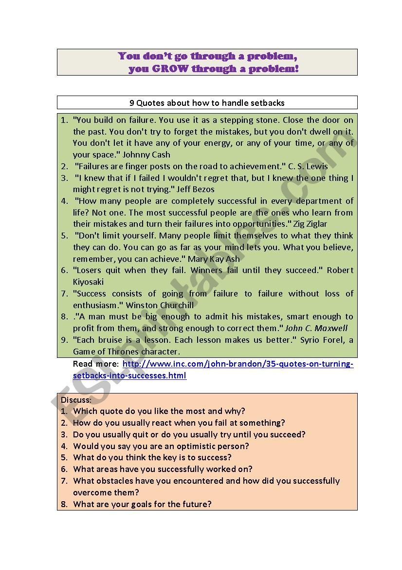 LET´S TALK - Handling Setbacks - ESL worksheet by anitaberry