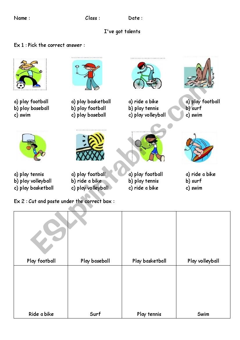 talents activities I can I can´t - ESL worksheet by vanessa91270